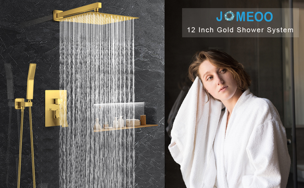 JOMEOO 12 Inch Brushed Gold Shower System, Wall Mounted High Pressure Rain Shower Head with ...
