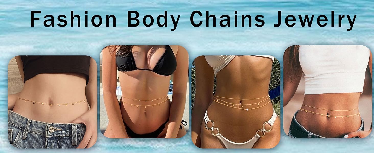 LOLIAS 6Pcs 14K Gold Plated Waist Chains Body Chains for Women Layered Bikini Belly Chains For ...