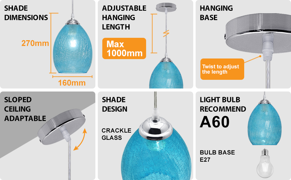 Long Life Lamp Company Retro Chrome Pendant Light Fixture Blue Ceiling Light Shade Cracked Glass ...