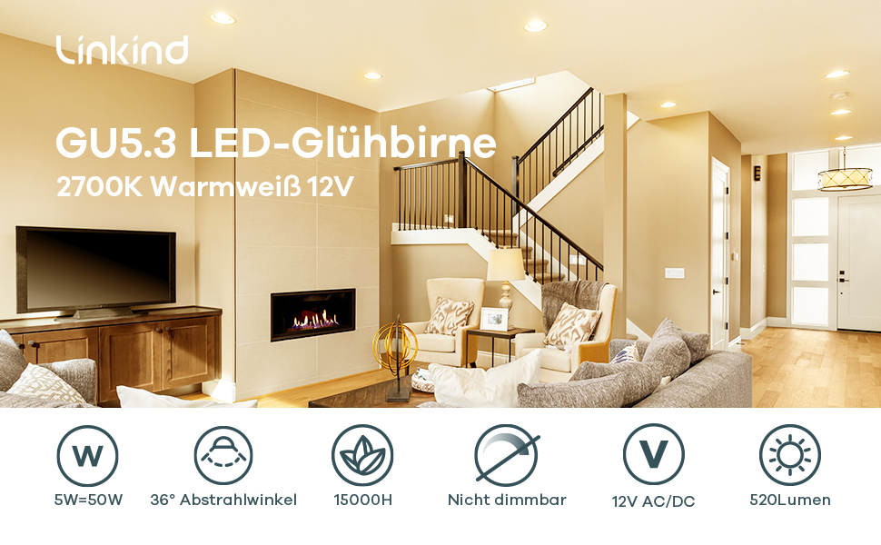 Linkind GU5.3 MR16 LED 5W Lampe 12V, 50 Watt ersetzt, 2700K Warmweiß 36° Abstrahlwinkel LED Spot ...