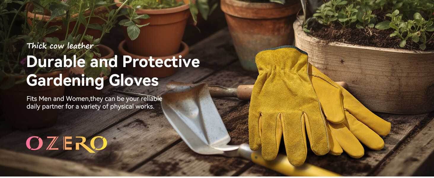 OZERO Leather Work Gloves Cowhide Gardening Glove for Flex Grip Tough Wood Cutting/Construction ...