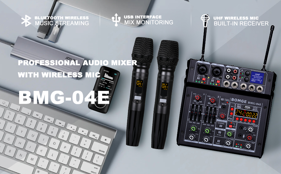 BOMGE 04E Karaoke Audio Mixer, 4 Channel Mixer with Wireless Dual UHF Microphone, Soundboard ...