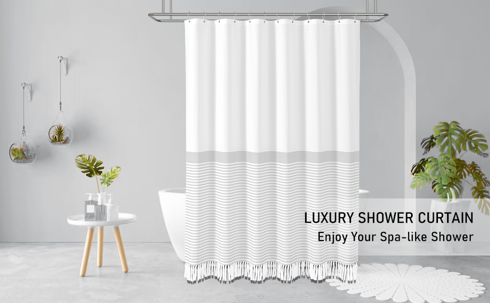Amazon.com: Dynamene Grey Fabric Shower Curtain, Farmhouse Boho Striped Tassel Shower Curtains ...