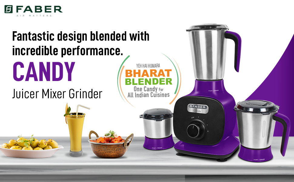 Buy Faber Candy 1000W 8-in-1 Mixer Grinder, 3 SS lock jars,lockable lids|100% copper motor,low ...