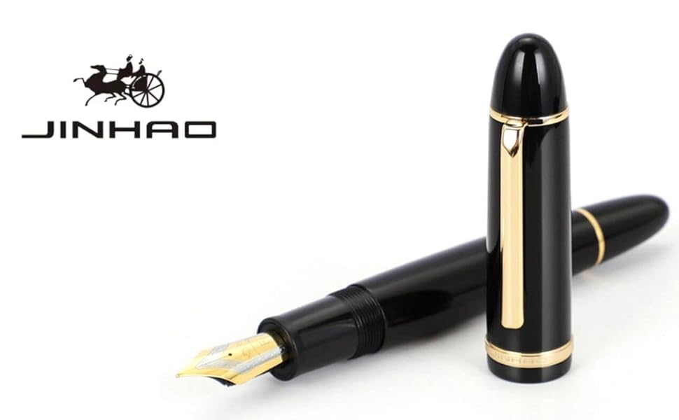 Ledos Jinhao X159 Black Acrylic Fountain Pen Golden Trims Dual Tone 40mm Big Fine Nib Writing ...