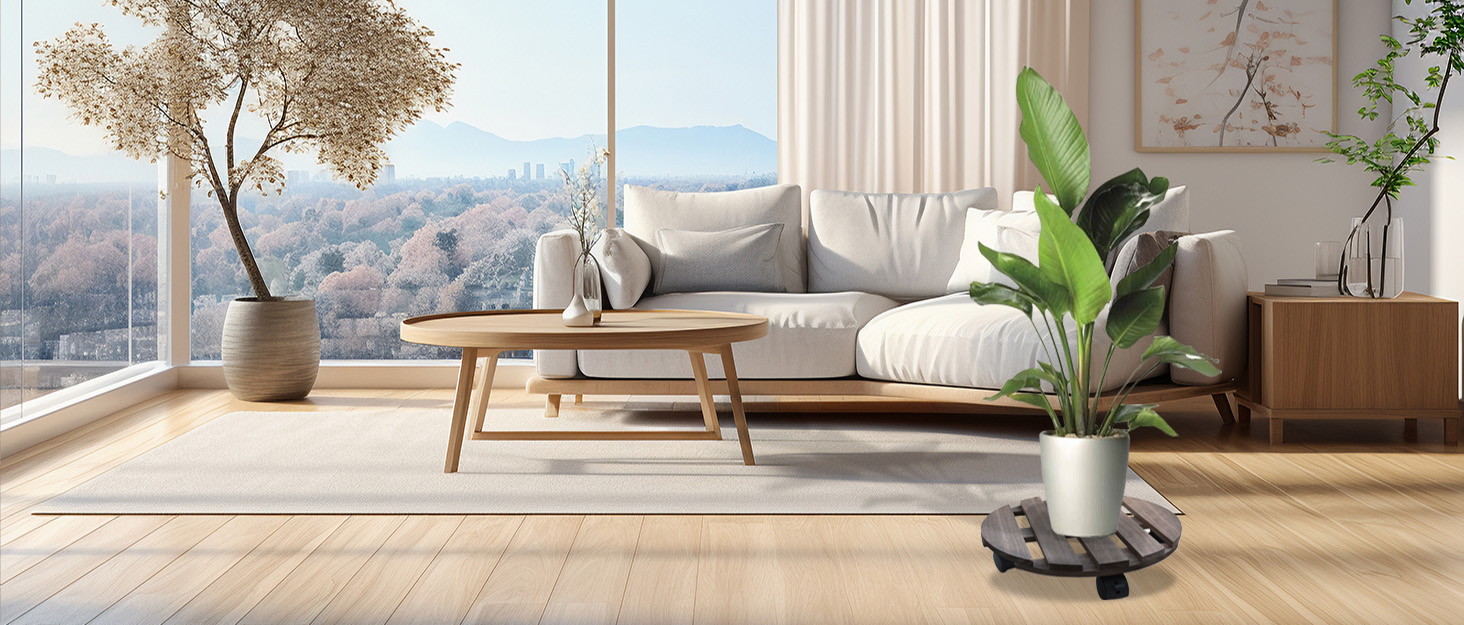 BURNTROP 2 Pack Wooden Plant Stands with Wheels, Outdoor & Indoor, Heavy Duty Rollers with ...