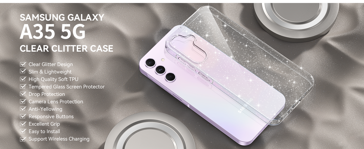 AROYI 3 in 1 Clear Glitter Case for Samsung Galaxy A35 5G Case with 2 Tempered Glass Screen ...