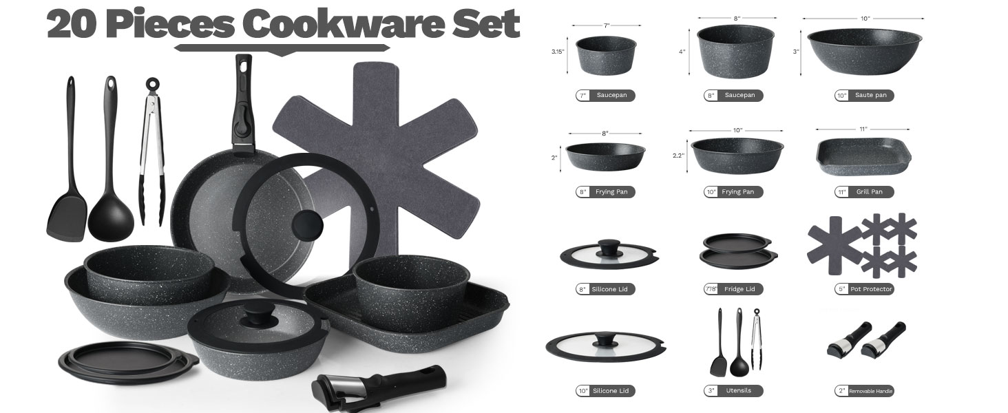 Amazon.com: USELUCK 20 Pcs Pots and Pans Set Non Stick, Stackable Cookware Sets with Detachable ...