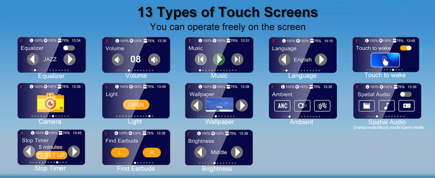 Smart Earphones with Touchscreen, Touch Screen Earbuds, 13 Functions ...