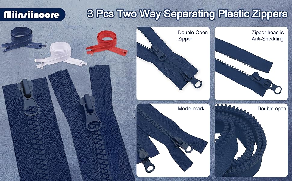3 Pcs 80cm/31.5In Plastic Zippers for Sewing, 3 Color #8 Two Way Separating Plastic Zippers ...