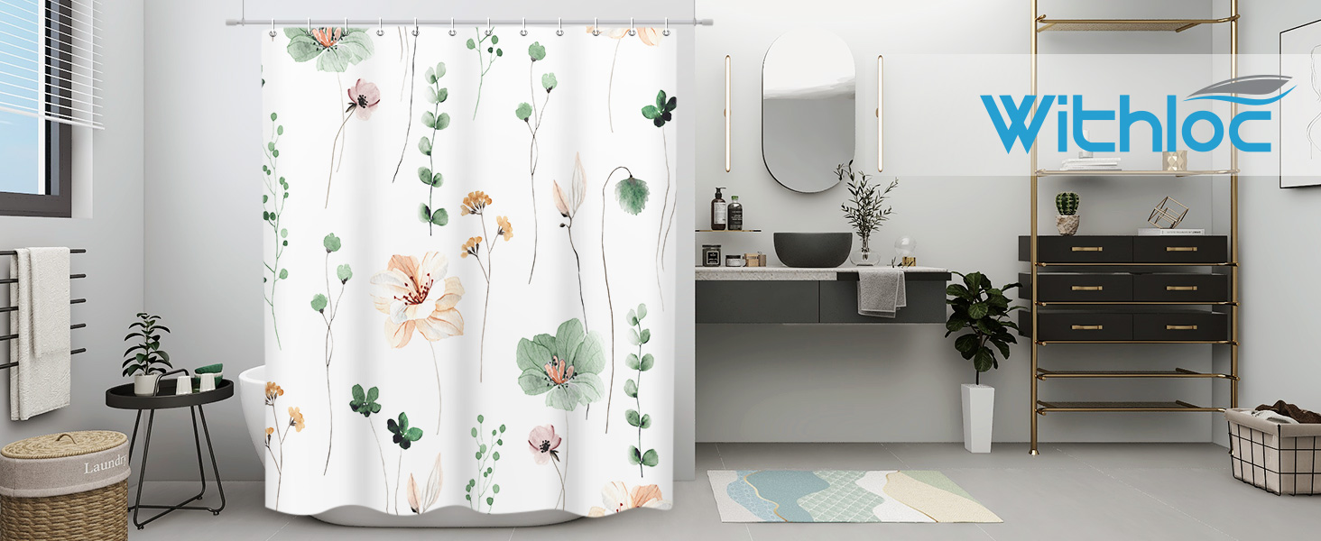 Amazon.com: WITHLOC Shower Curtain Watercolor Flower Shower Curtain Sets - Spring Sage Green ...