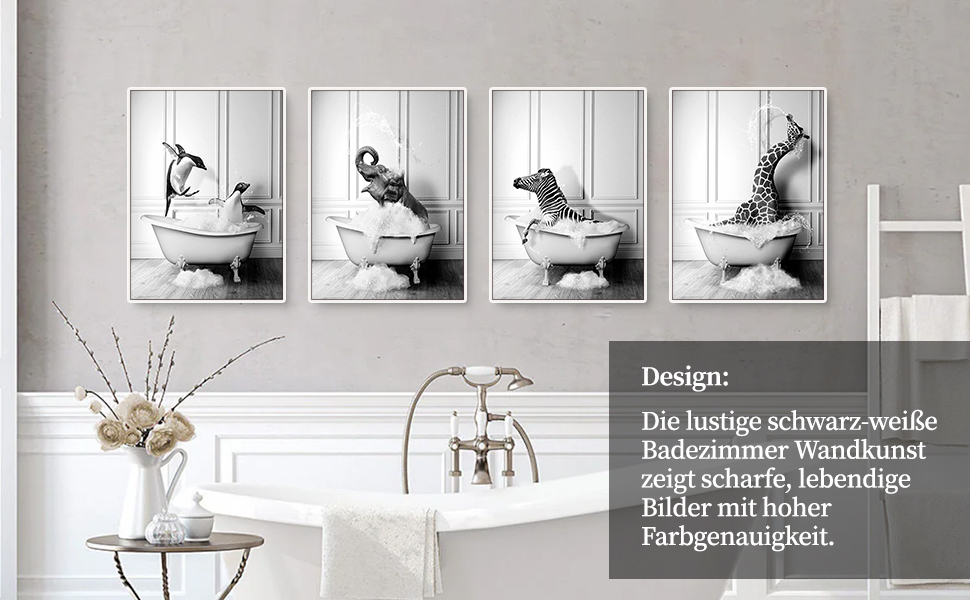 Amazon.de: Martin Kench 4er Schwarz-Weiß Poster Set, Badezimmer Bilder Tiere in der Badewanne ...