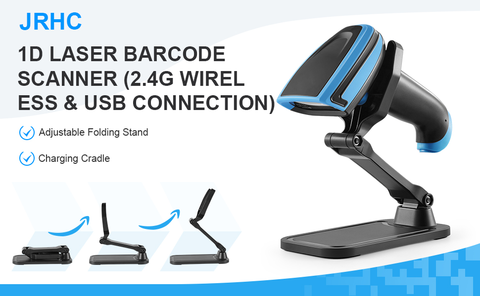 JRHC Wireless Barcode Scanner with Stand, 1D Laser Bar Code Reader 2.4G Wireless & USB Wired ...