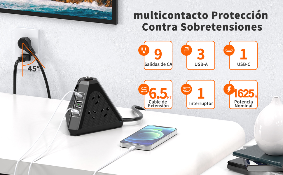 NVEESHOX Regleta Multicontacto, Extension en Torre Triángulo con 9 Enchufes de CA 3 USB y 1 USB ...