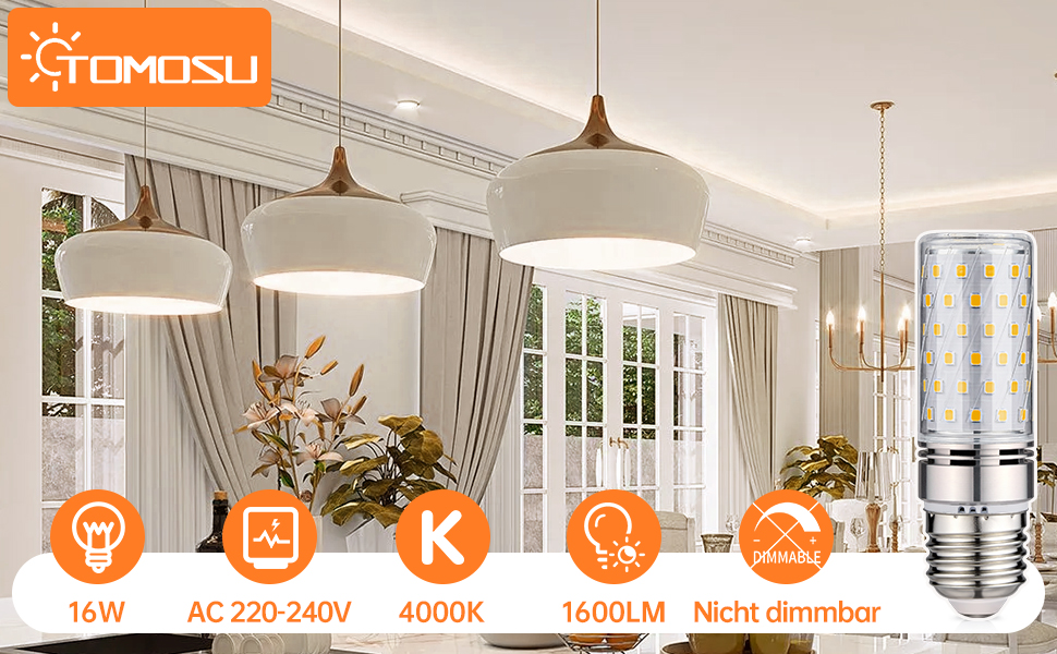 Tomosu LED Birne E27 Neutralweiss 4000K Extra Hell 1600LM, 16W LED Glühbirne ersatz 150W ...