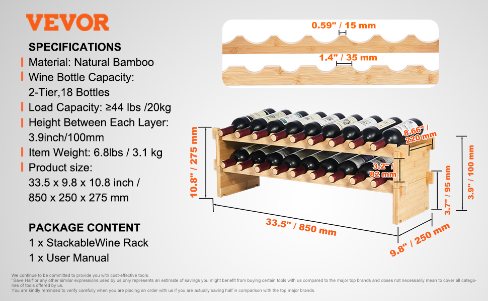 VEVOR 18 Bottle Stackable Modular Wine Rack, 2-Tier Solid Bamboo Wood Storage Racks, Floor ...
