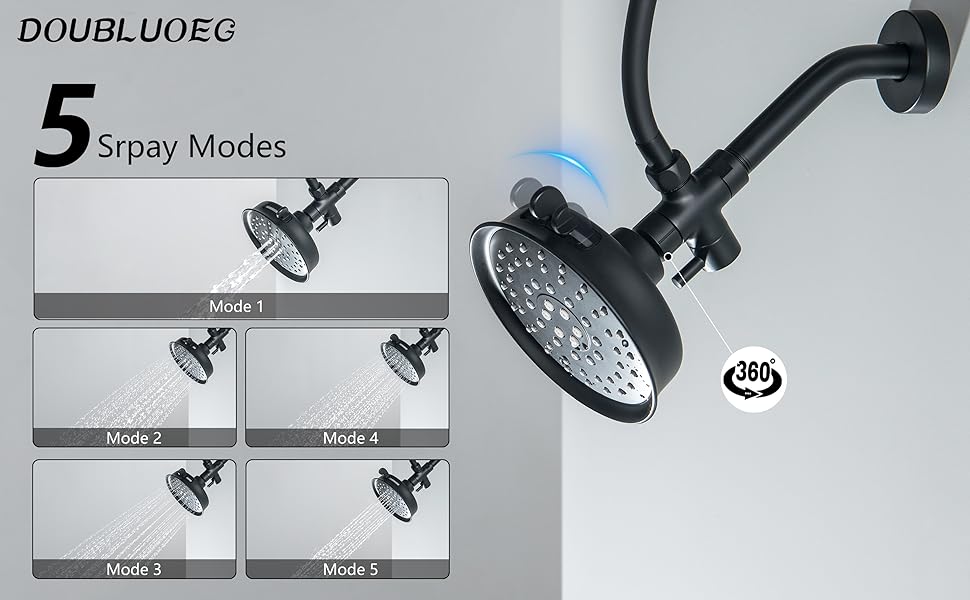 DOUBLUOEG Dual Shower Head for Couples with 5 Spray Modes High Pressure Double Tandem Shower ...