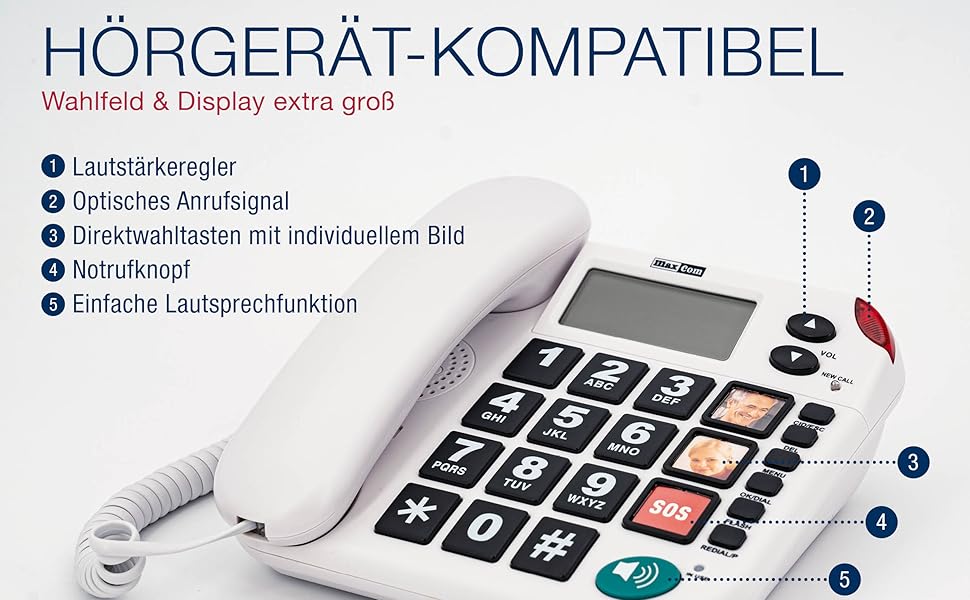 MAXCOM KXT481SOS Senioren-Notruf-Telefon mit Funk-SOS-Sender, schnurgebundenes Festnetztelefon ...