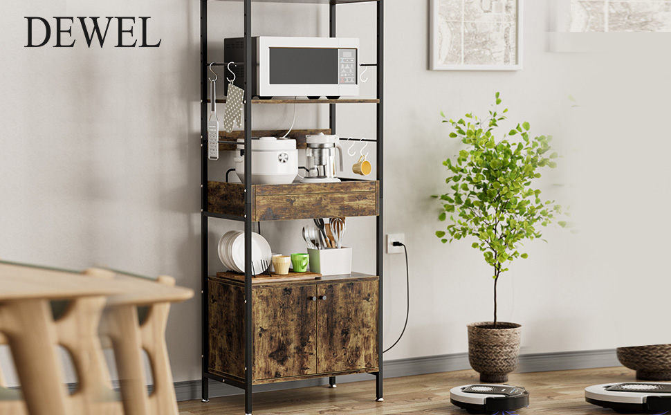 Amazon.co.jp: DEWEL キッチンラック キッチンワゴンスリム レンジ台 扉付き食器棚 幅60×奥行36×高さ162.5cm 6段式 レンジラック レンジボード ベイカーラック ...