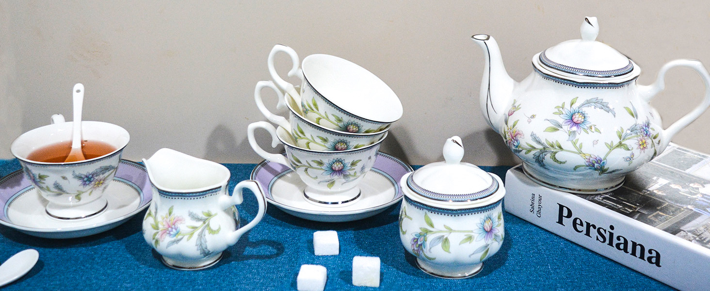 Amazon.com | LE POTOCIO Bone China Tea Set, 21-Pieces Porcelain Tea Set for Adults, Tea Cups And ...