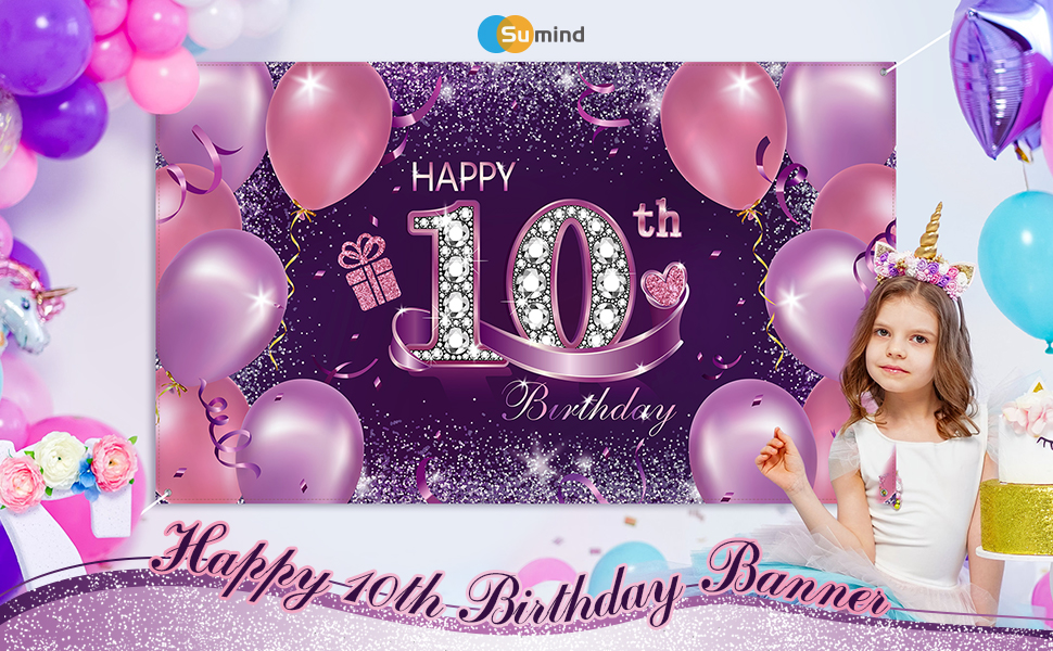 Amazon.com : Sumind 10th Birthday Banner Happy 10th Birthday Decorations for Girls Double Digits ...
