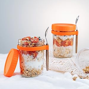 Amazon.com: SMARCH Overnight Oats Jars with Lid and Spoon Set of 4, 10 oz Airtight Oatmeal ...