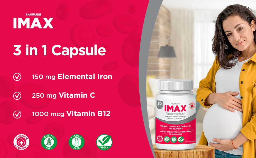 Pharmaris IMAX 150 mg Iron Supplement, 250 mg Vit C, 1000 mcg Vit B12, 100 Capsules, Treatment ...
