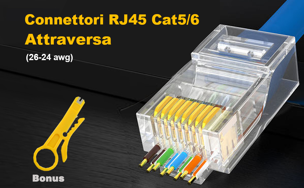 Connettori RJ45 Passanti - 100 Pezzi Connettore RJ45 Cat6 per CAT6 CAT5E CAT5 Spina Terminale di ...