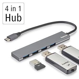 Hama Multiport USB Hub, USB C Hub Multiport Adapter- 4 in 1 Portable Type C Hub, USB 3.2 Gen1 ...