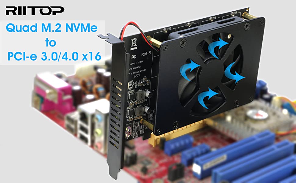 Quad NVMe PCIe Adapter, RIITOP 4 Ports M.2 NVMe SSD auf PCI-e 4.0/3.0 x16 Karte mit ...