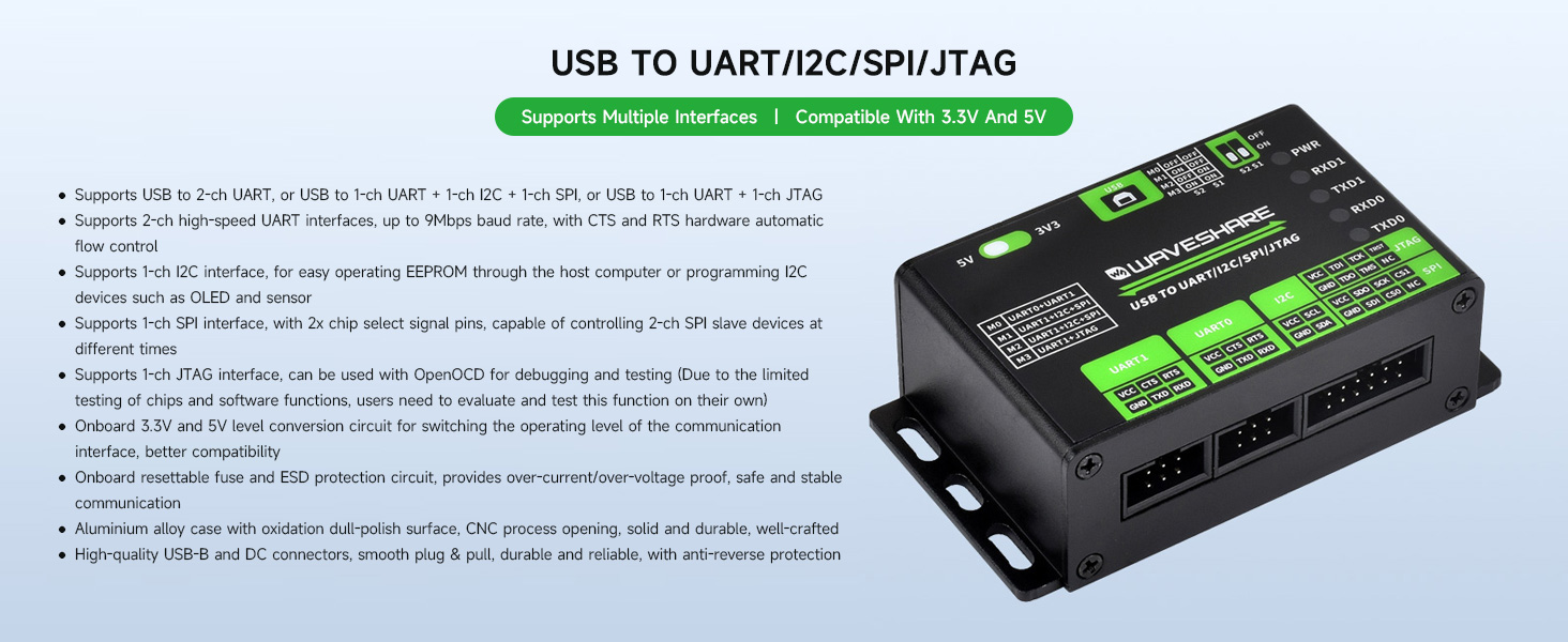 Waveshare USB to UART/I2C/SPI/JTAG Converter, Supports Multiple ...