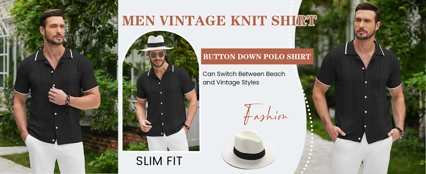 COOFANDY Men's Knit Button Down Shirt Vintage Short Sleeve Polo Shirts Casual Beach Tops at ...