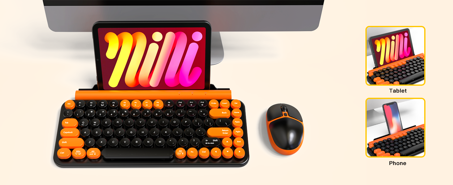 Wireless Keyboard And Mouse Combo Soueto Retro Round Keycap Typewriter Keyboard