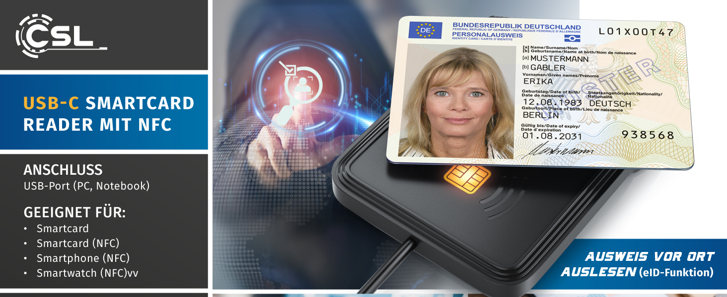 CSL - USB C Chipkartenleser mit NFC - SmartCard Reader - SIM Kartenlesegerät - ISO 7816 – ISO ...