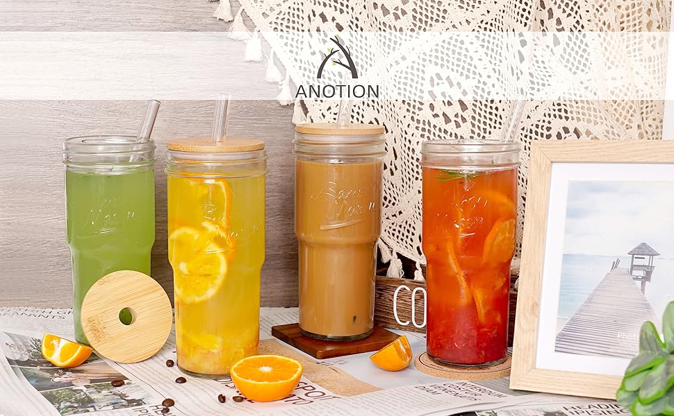 Amazon.com: ANOTION Glass Cups with Lids and Straws 4 Packs, 24oz ...