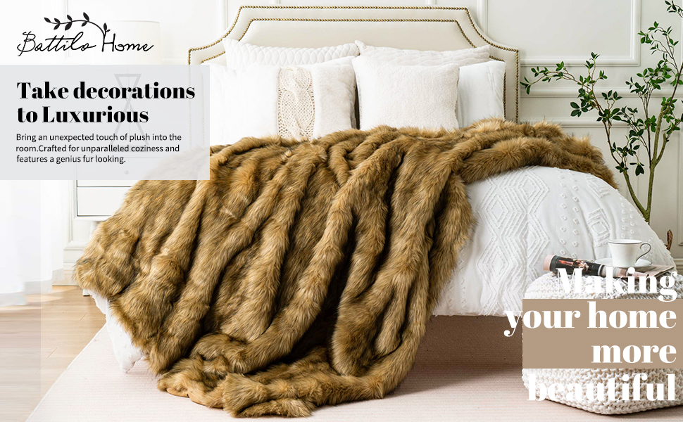 BATTILO HOME Ochre Faux Fur Throw Blankets 150x200cm Luxury Decorative ...