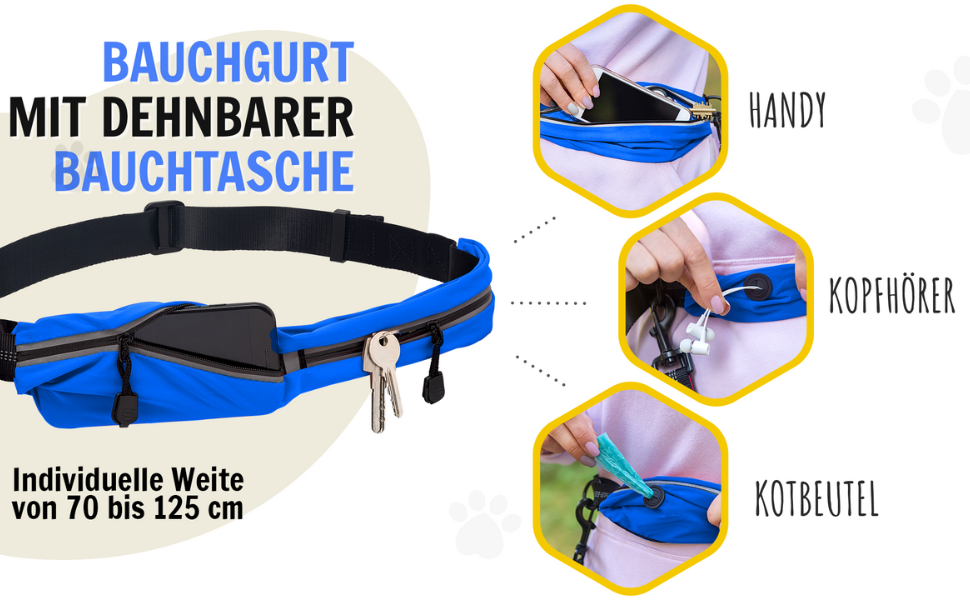 Hundefreund Joggingleine mit Bauchgurt Blau | Laufleine Elastisch Ruckdämpfend Reflektierend für ...