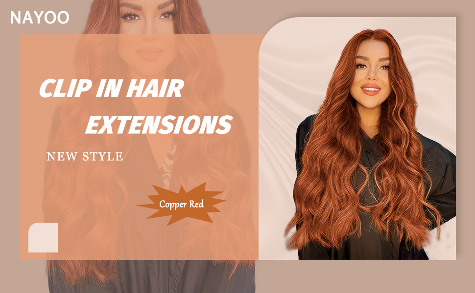 NAYOO Clip in Hair Extensions for Women 20 Inch Long Wavy Curly Copper Red Hair Extension Full ...