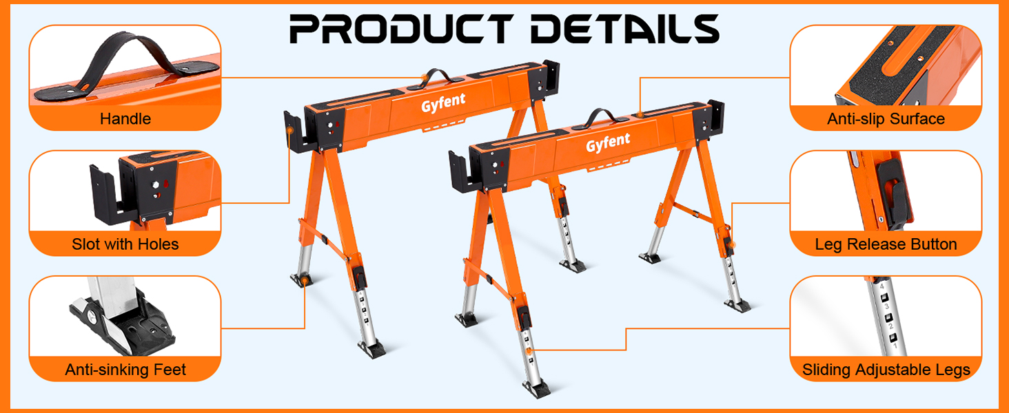 Gyfent Saw Horses 2 Pack, 4400Lbs Load Capacity Saw Horse Folding Heavy Duty Sawhorses 21-34in ...