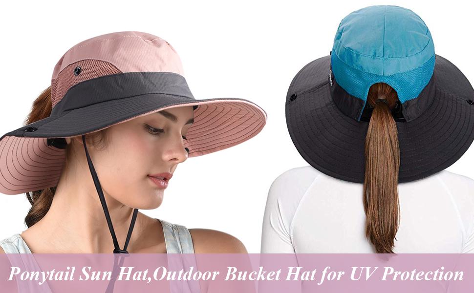 Women's Ponytail Safari Sun Hat,Wide Brim UV Protection Mesh Bucket Hat,Foldable Beach Summer ...