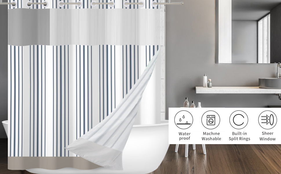 Amazon.com: Meiguiman No Hook Shower Curtain with Snap in Liner Navy Blue Striped Shower Curtain ...