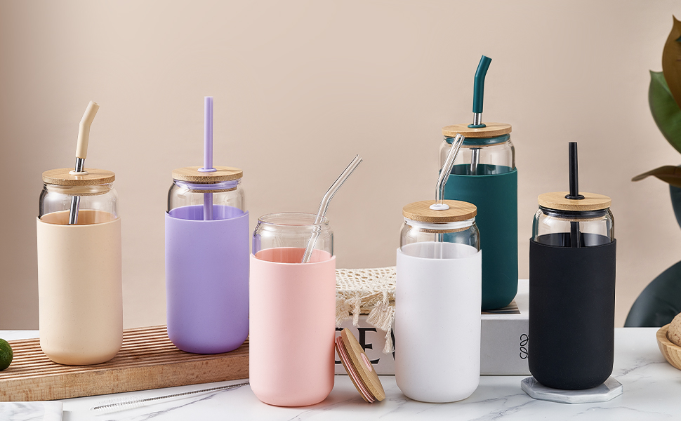 Amazon.com: WillCome 20oz Glass Cups with Lids and 3 Types of Straws ...