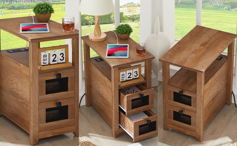 Amazon.com: HDDDZSW Farmhouse XXL End Table with Charging Station, Narrow Side Table with USB ...