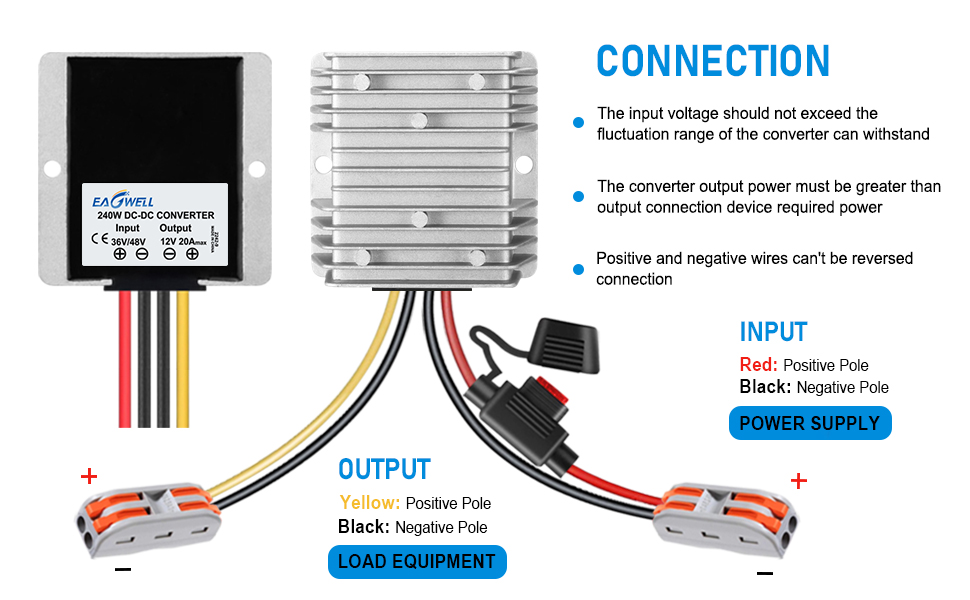 Amazon.com: EAGWELL 20A 240W 36V 48V to 12V Voltage Converter with Fuse Step Down Regulator Buck ...