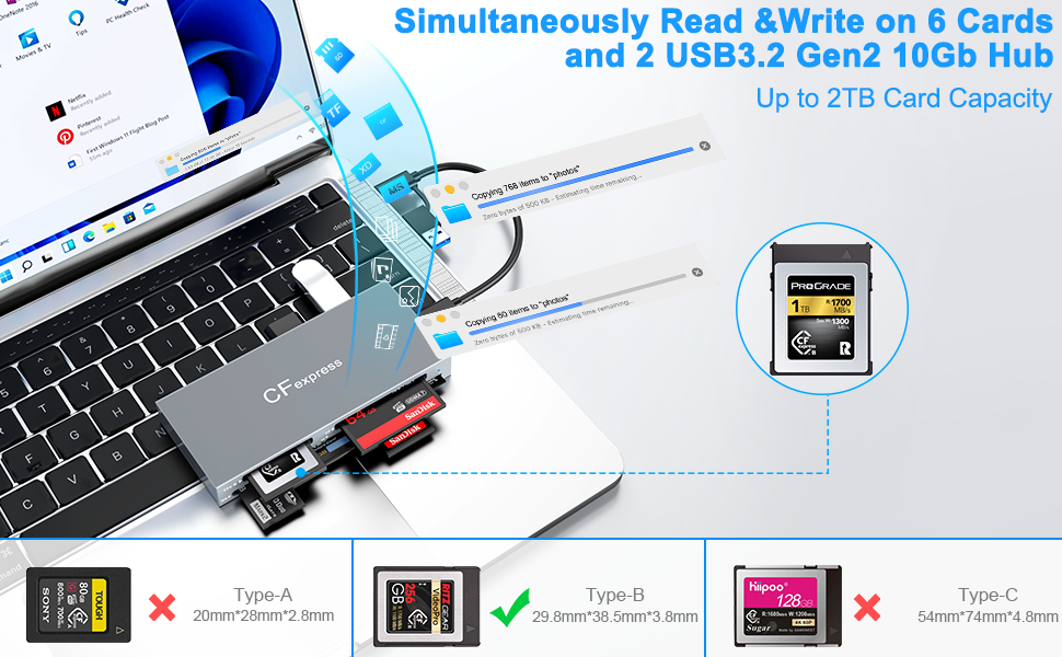 8 in 1 CFexpress Type B Card Reader with 2 10Gb USB, USB3.2 Gen2 10Gbps ...