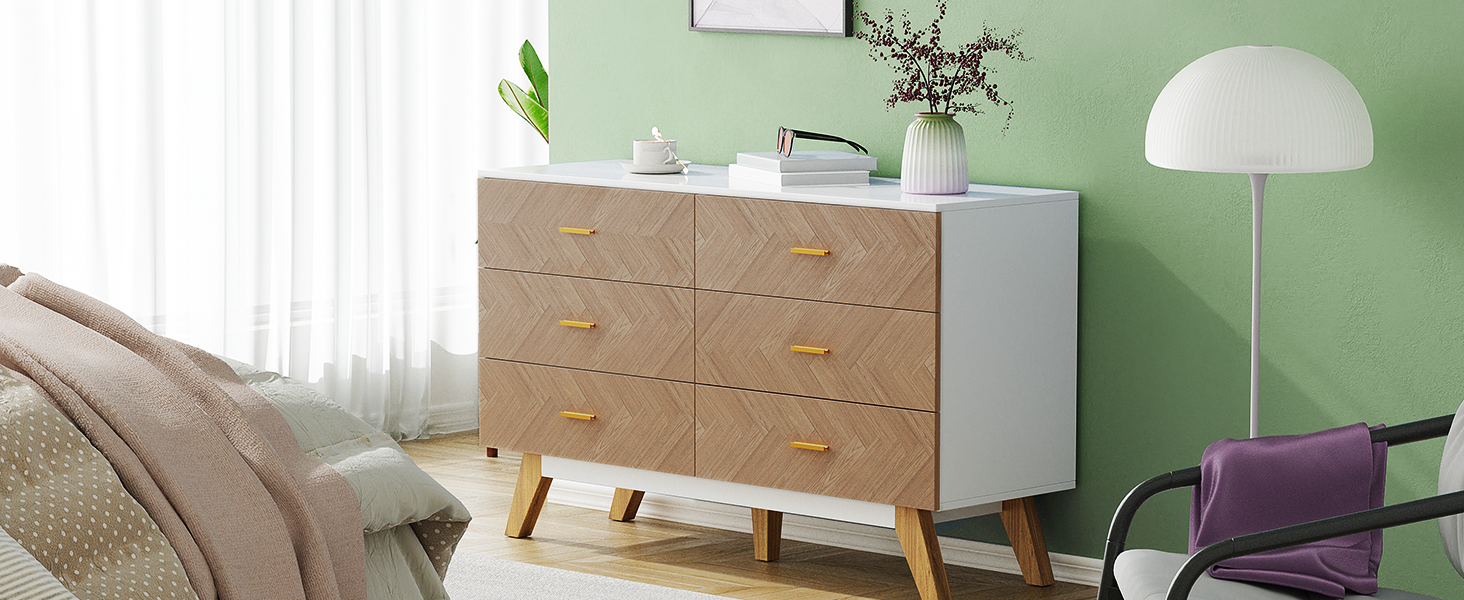 Amazon.com: DHMAKER 6 Drawer Wood Dresser, Mid Century Modern Double Dresser, Wide Chest of ...