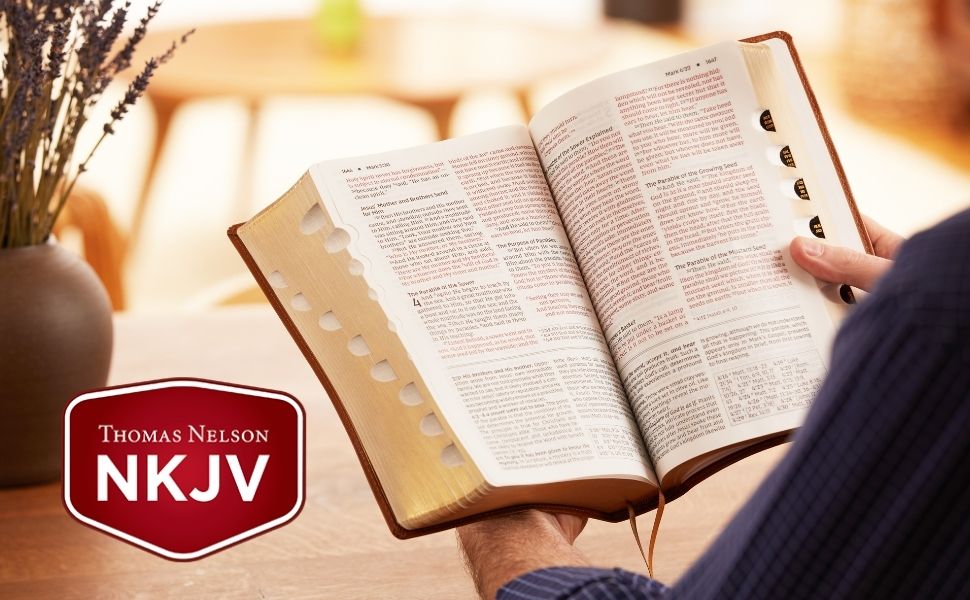 NKJV, Foundation Study Bible, Large Print, Leathersoft, Brown, Red Letter, Thumb Indexed ...