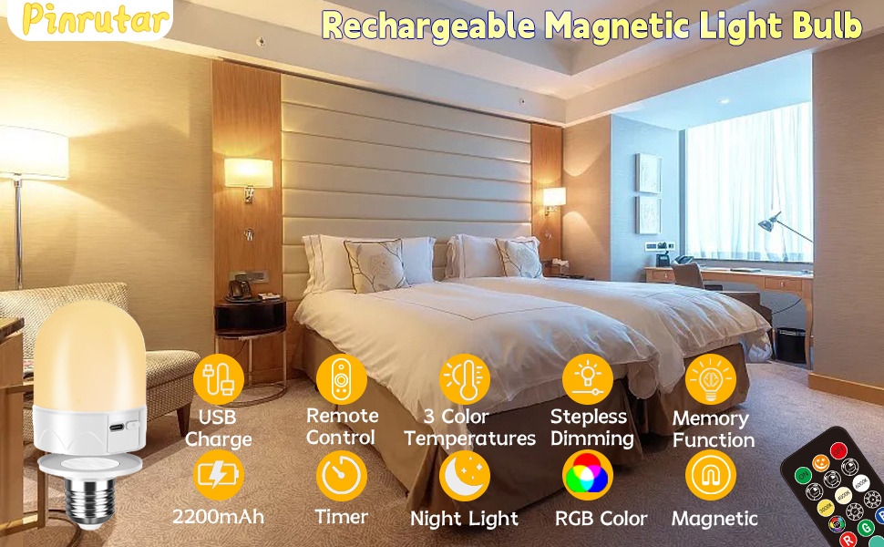 USB Rechargeable Light Bulb With Remote Control, E26 Battery Operated ...