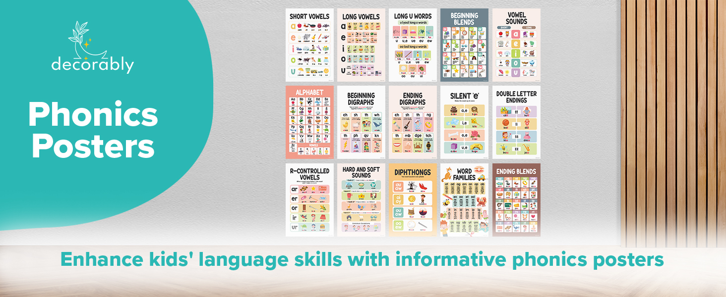 Amazon.com: Decorably Phonics Posters for Classroom - 15 Vowel Posters ...