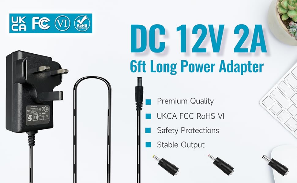 12V 2A 24W 6ft/1.8M Long Power Supply Adapter, AC DC Switching Adapter (Input 100-240V, Output ...